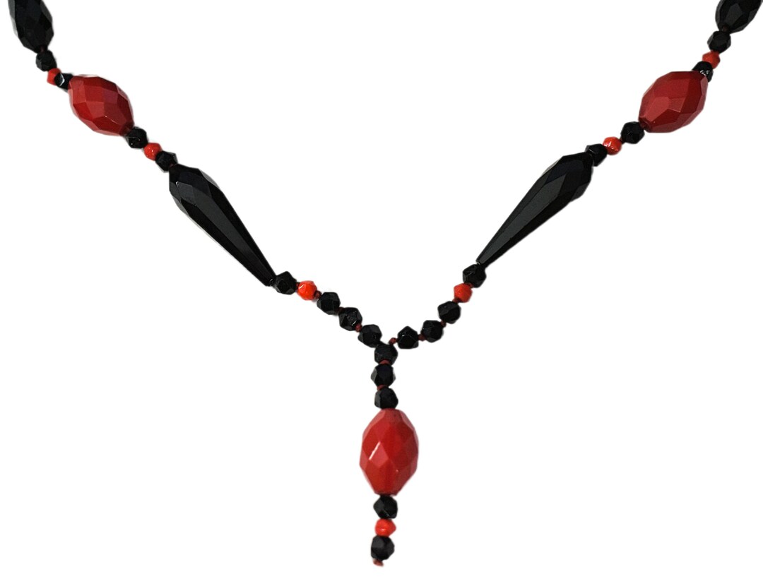 Vintage Art Deco 30s 40s Flapper Cherry Red Black Faceted Carved Czech ...