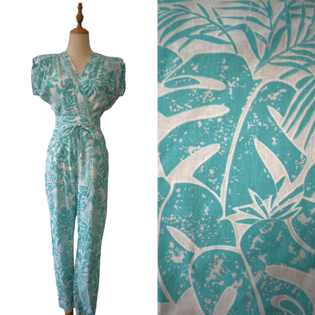 Vintage 80s Jumpsuit Novelty Hawaiian Monstera Leaf Tropical Aqua White ...