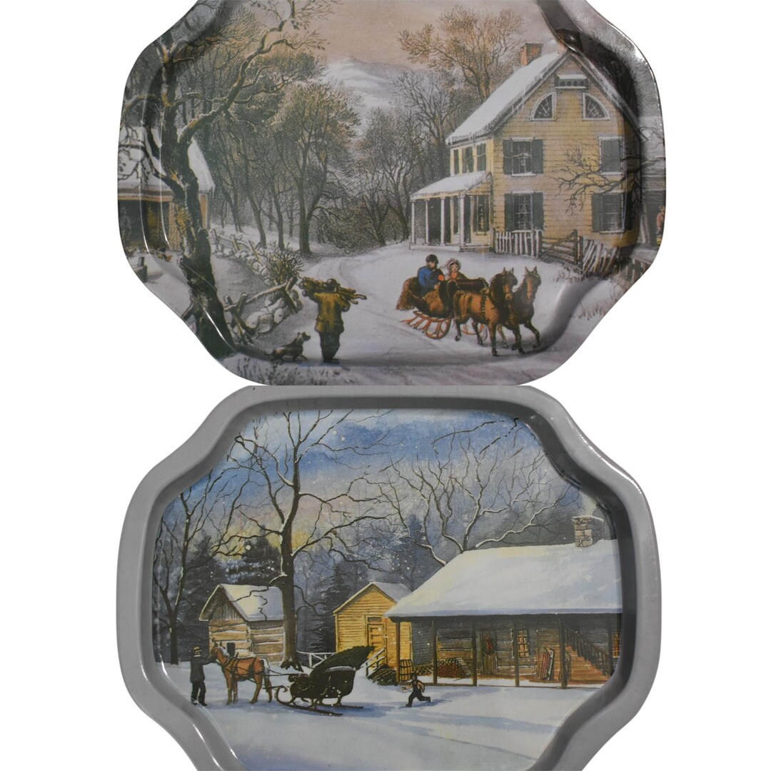 Vintage 80s Trays Darling Pair Nostalgic Currier Ives Victorian ...