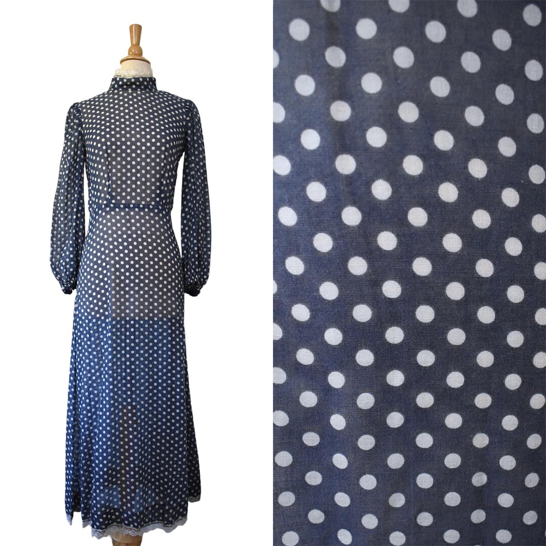 Vintage 70s Dress Dark Blue Polka Dot White Cotton Sheer Voile High ...