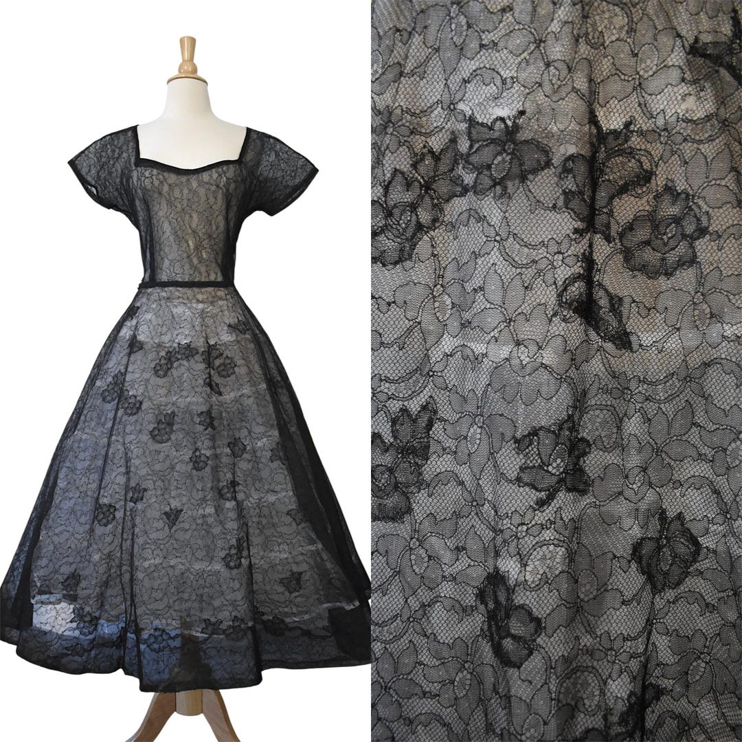 Vintage 40s Dress 50s Black Solid Sheer Floral Lace Side Snaps Fit N ...