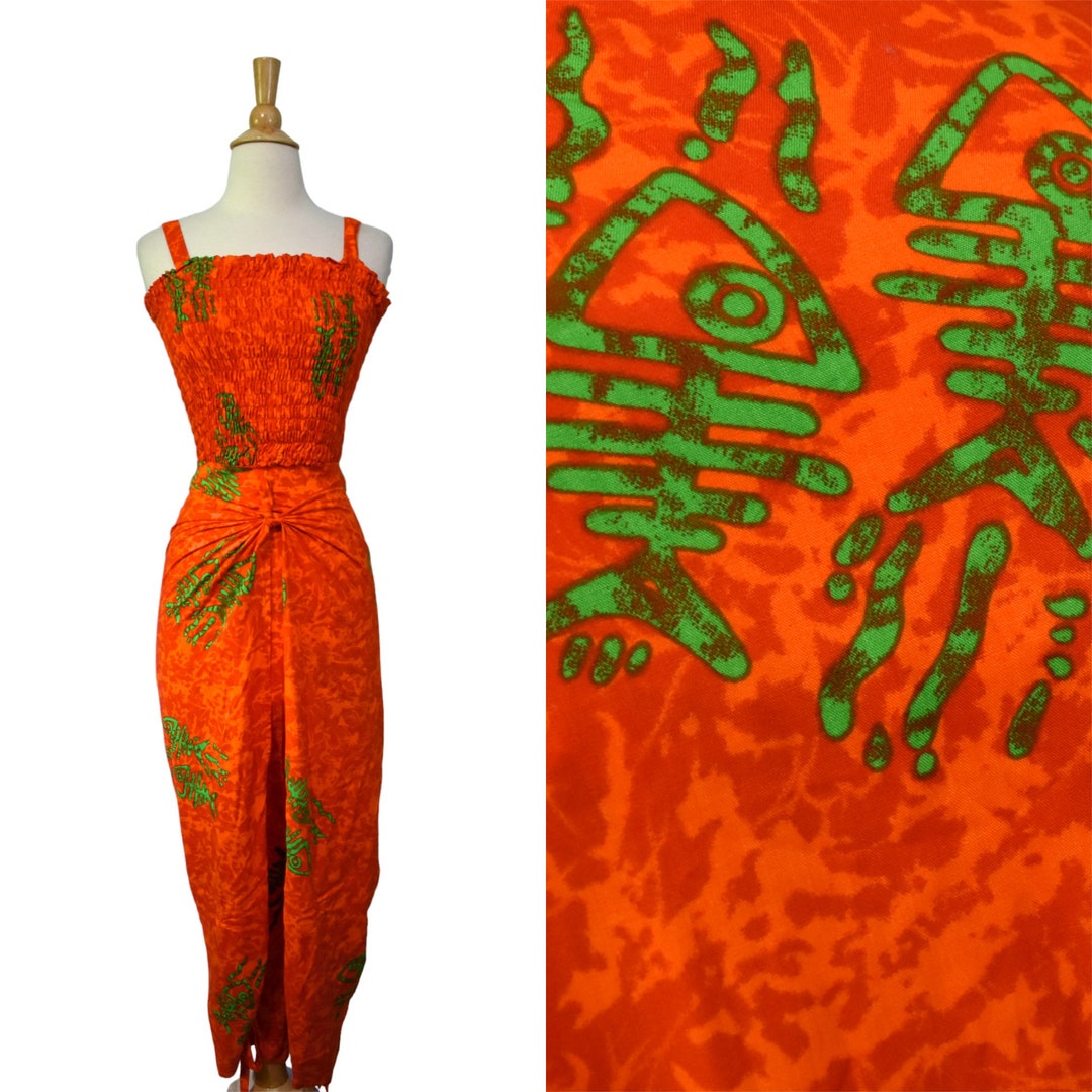 Vintage Pant Set Y2K Uluwatu Balinese Orange Novelty Fish Print Rayon ...