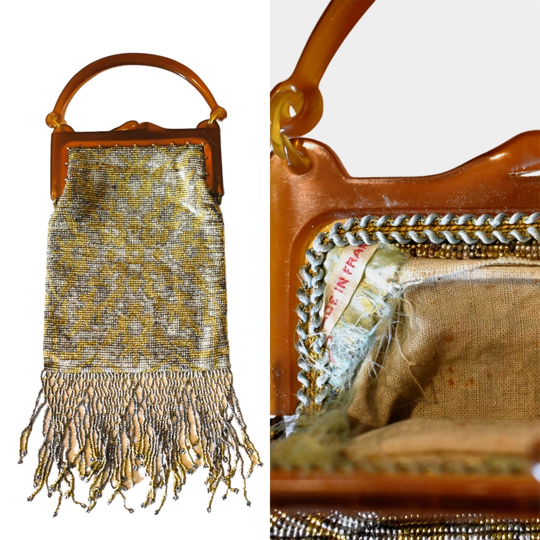 Antique French Purse Art Deco Floral Cut Gold Silver Steel Beaded ...