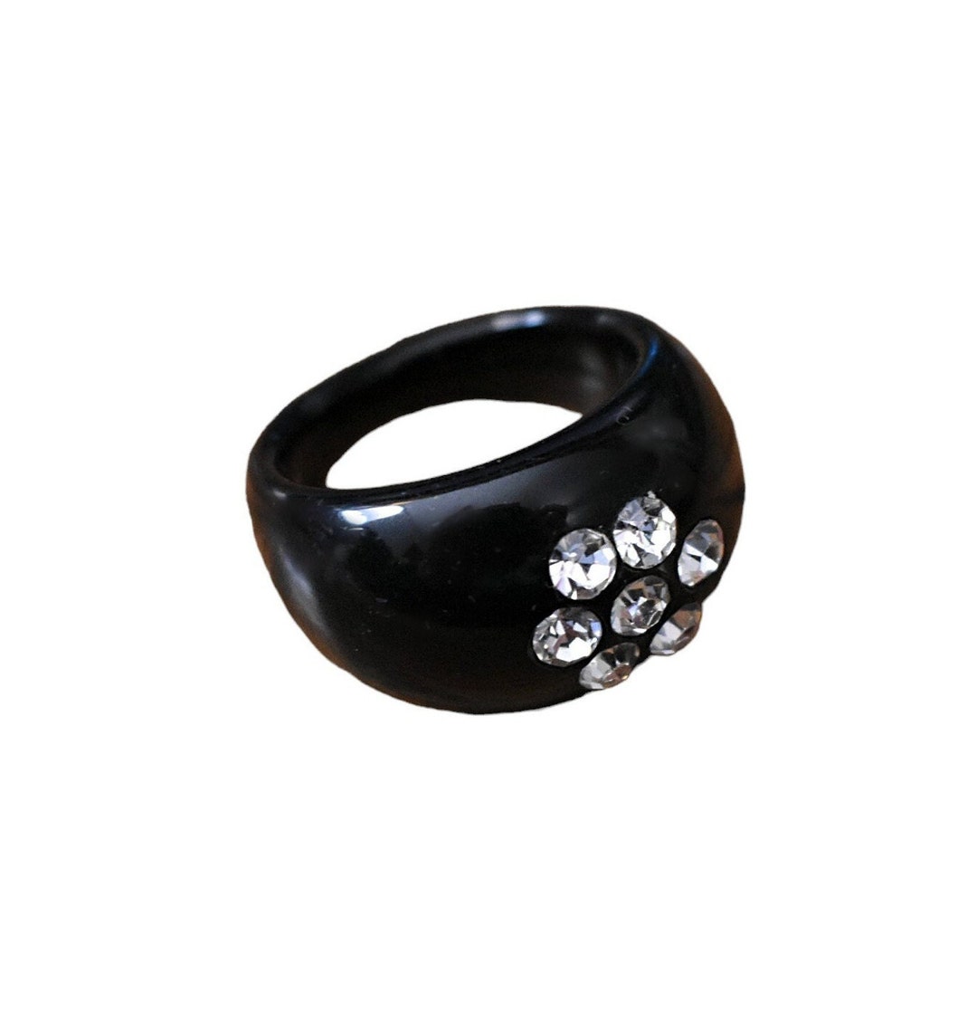 Vintage Lucite Ring 60s MOD Black Dome Rhinestone Inlay Chunky Plastic ...