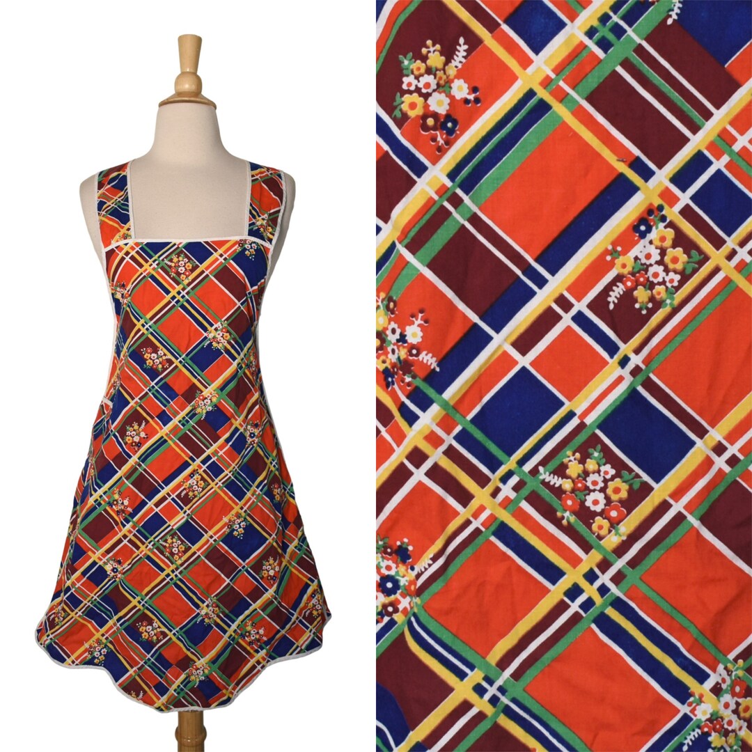 Vintage 40s Apron Red Blue Burgundy Floral Nosegay Print Plaid Full ...