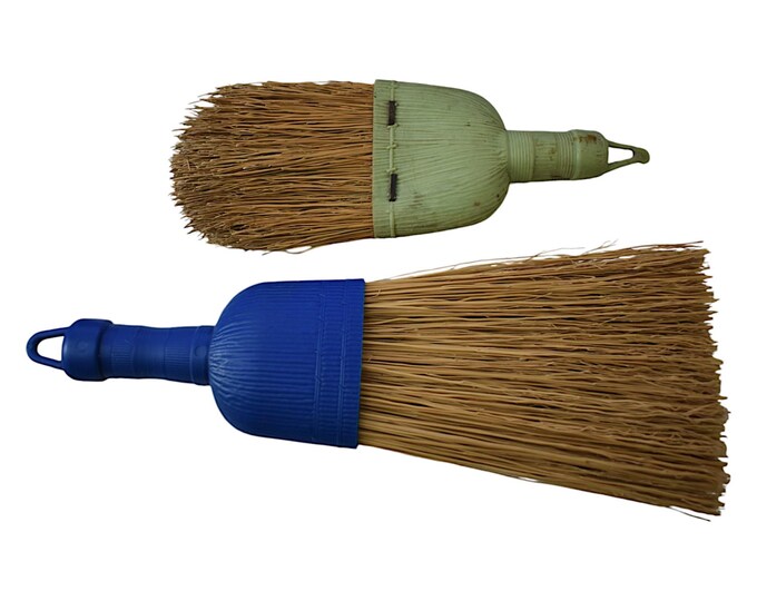 Vintage Hand Broom Lot Kitschy Green Blue Plastic Handle Straw Bristles ...