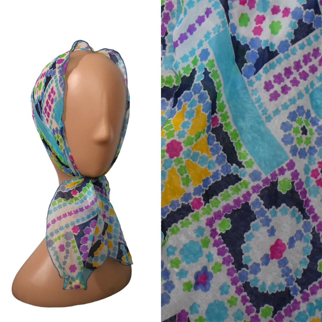 Vintage 60s Scarf MOD Op Art Flower Power Ruffled Edge Sheer Head Sash ...