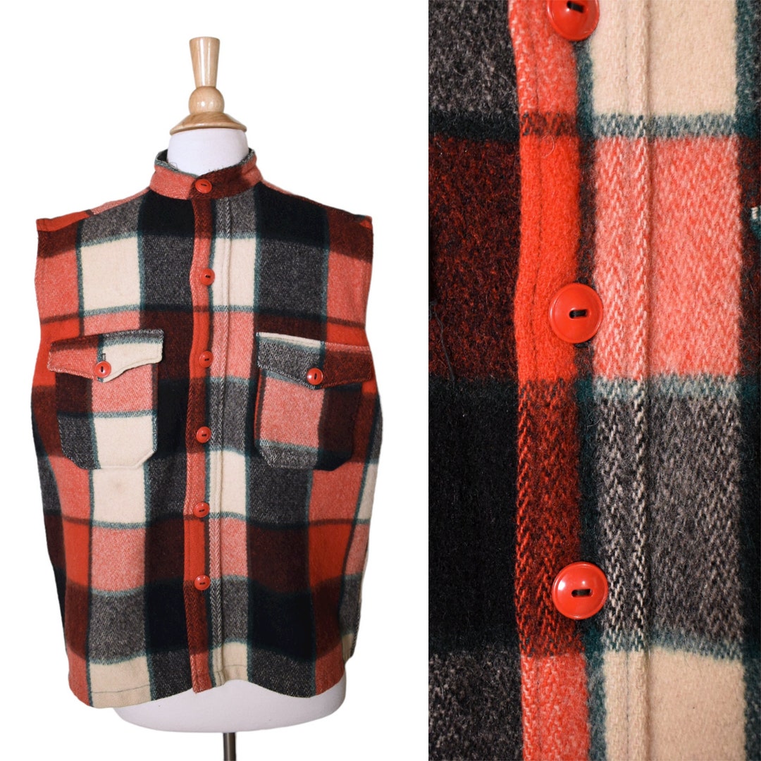 Vintage 50s Vest Mens LL Bean Red Plaid Thick Wool Lumberjack Hunting ...