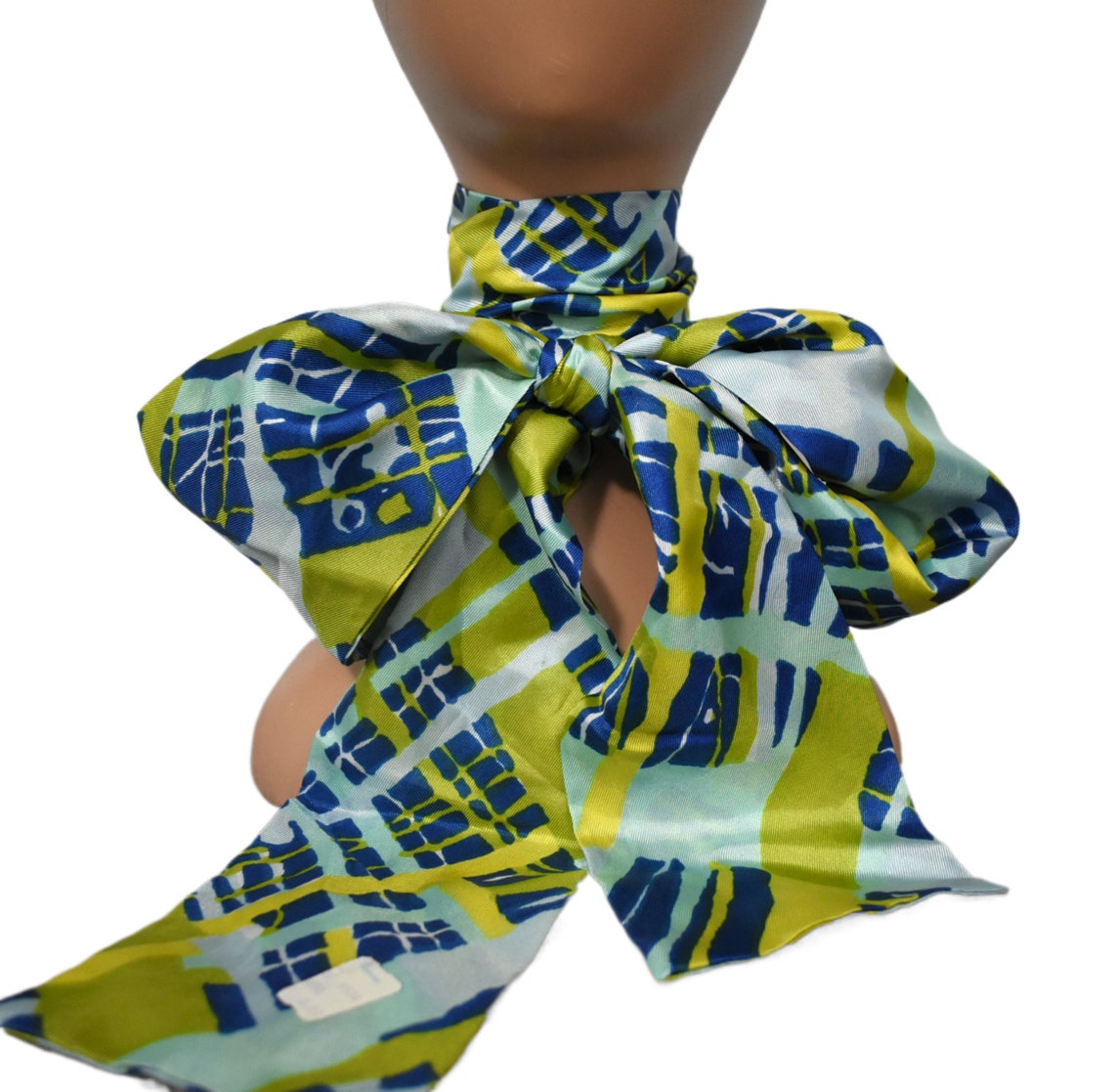 Vintage 60s Scarf Deadstock Aqua Blue Lime Green Abstract Op Art Plaid ...