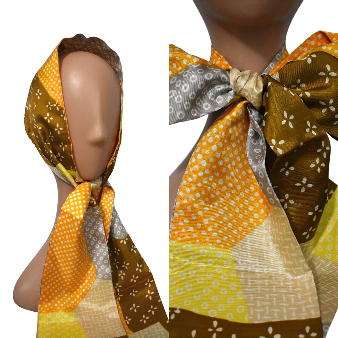 Vintage 60s Scarf MOD Op Art Chocolate Brown Banana Yellow Orange Polka Dot Floral Patchwork ...