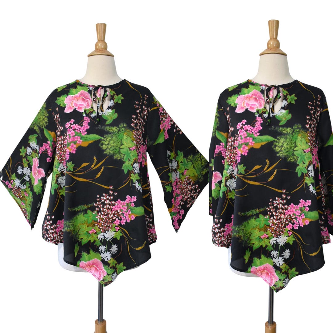 Vintage 70s Top Teddi California FABULOUS Black Sheer Pink Asian Floral ...
