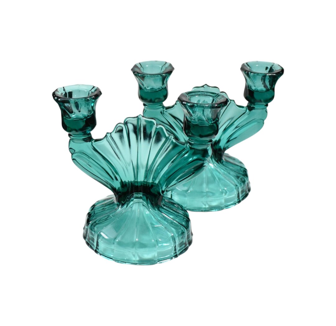 Vintage Candle Holders 30s Ultramarine Aqua 1937 Jeannette Gorgeous Fan ...