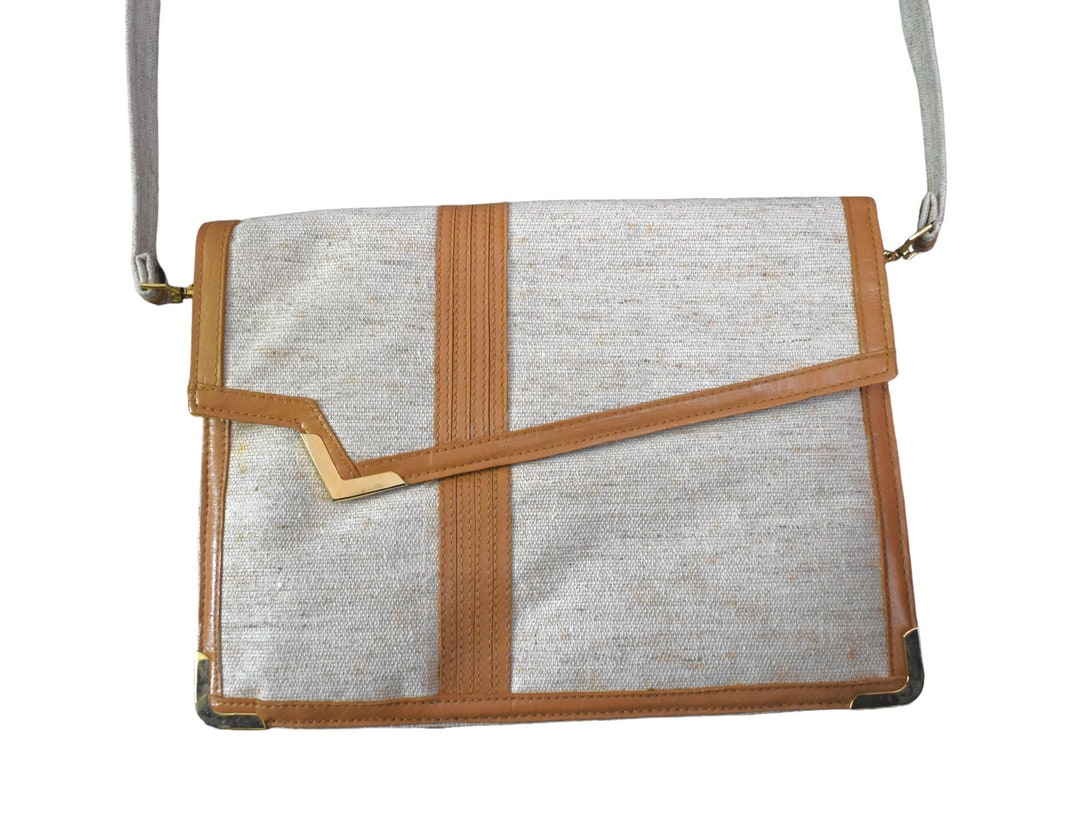 Vintage 80s Purse Architectural Oatmeal Tweed Saddle Genuine Leather ...