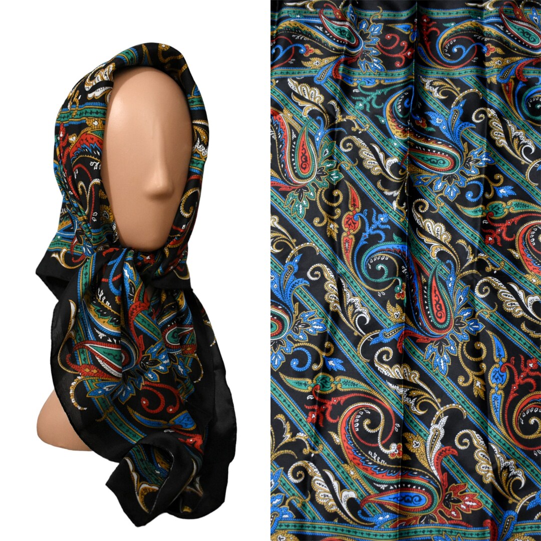Vintage 60s Scarf Herman Pecker Italian Black Jeweltone Paisley Large ...