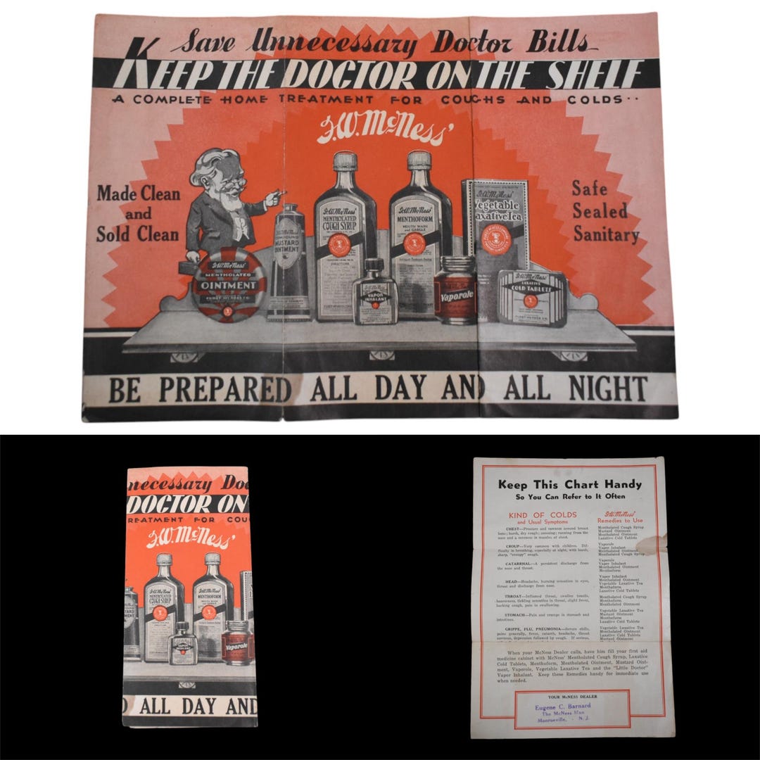 Vintage Mcness Pamphlet 30s Tri-fold Graphic Medical Cough Cold Elixirs ...