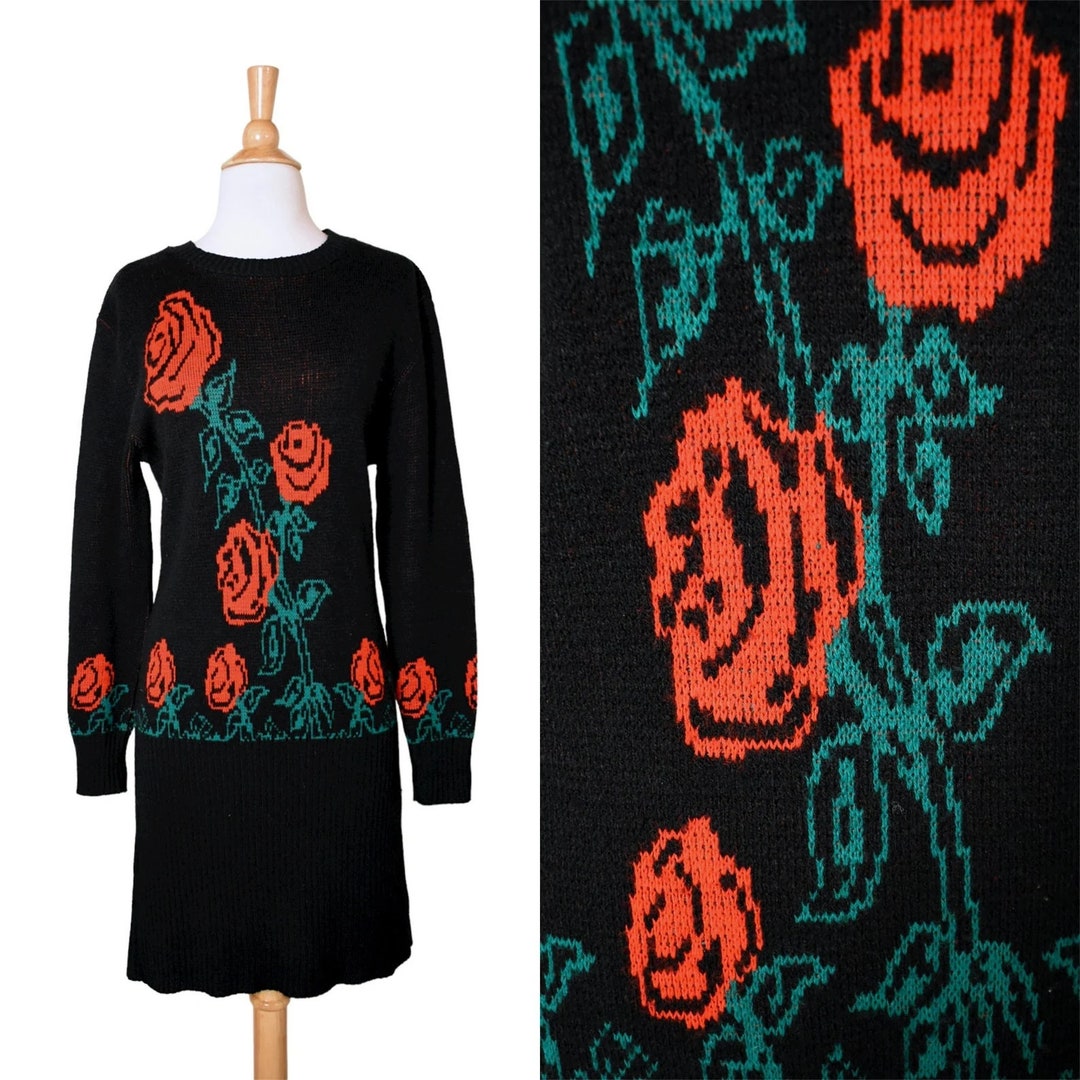 Vintage 80s Dress Black Long Stem Red Rose Novelty Print Curve Hugging ...