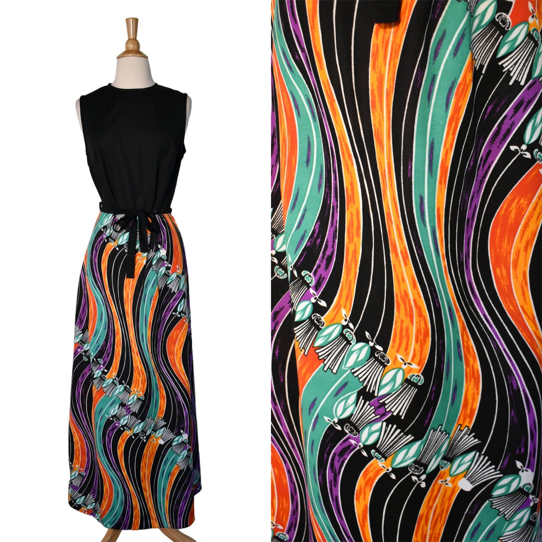 Vintage 70s Dress Trevira MOD Black Op Art Tassel Print Bold Graphic ...