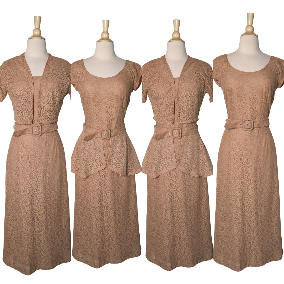 Vintage 40s Dress Ethereal Blush Terra Cotta Apricot Illusion Lace Midi Jacket Belt Removable ...