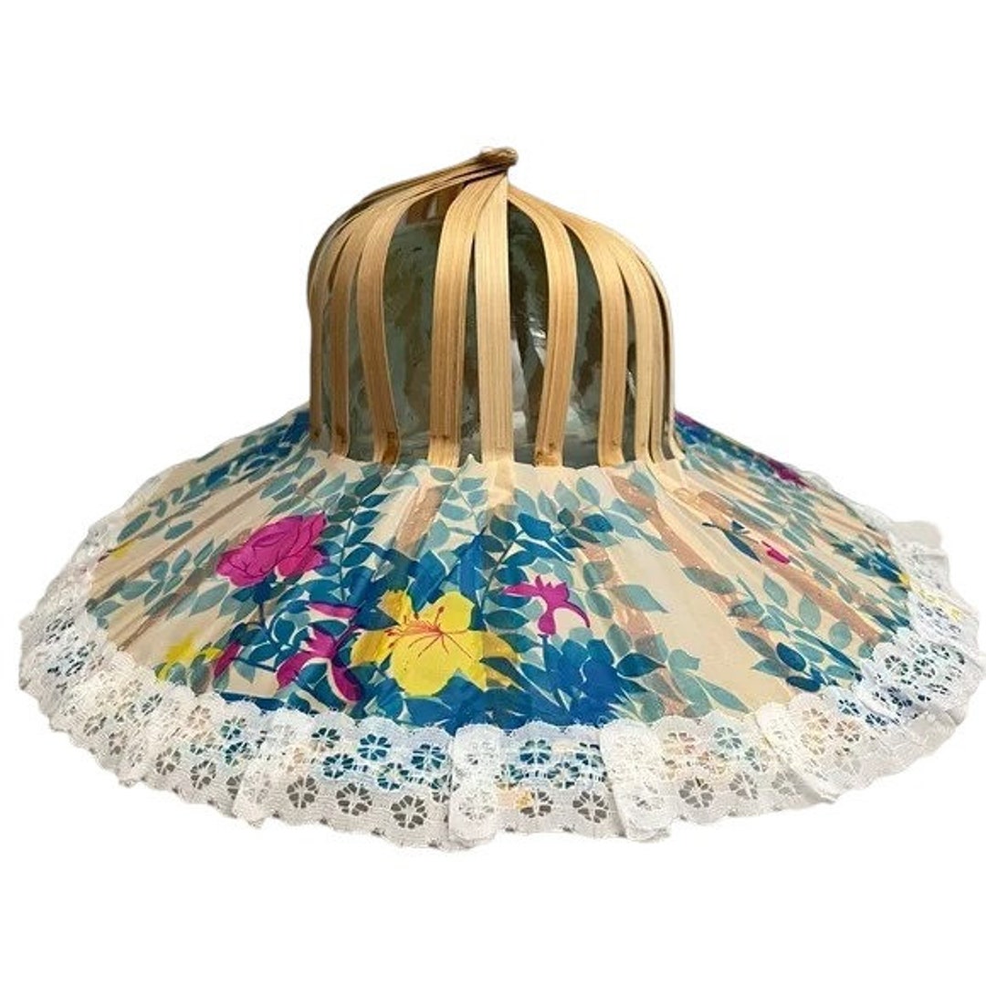 Vintage 60s Hat Zena Deadstock Sun Fan Foldable Bamboo Blue Floral ...