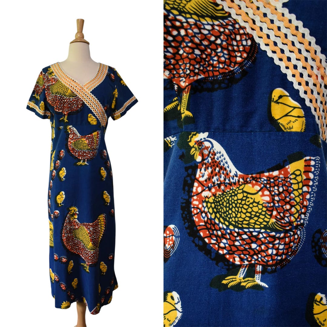 Vintage 80s Dress Kitschy Novelty Print Chicken Baby Chicks Eggs Ric ...