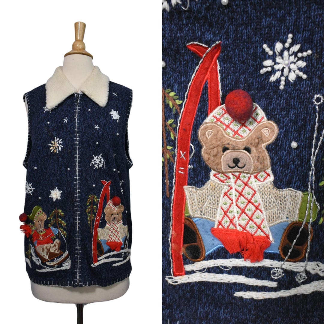 Vintage 90s Vest Kikit Studio Denim Blue Novelty Skiing Toboggan Bears ...