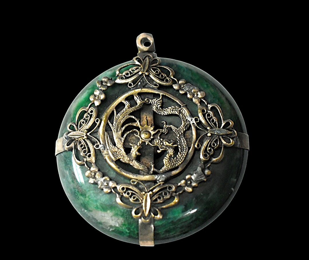 Antique Green Jade Brass Silver Asian Dragon Butterfly Floral Filigree ...