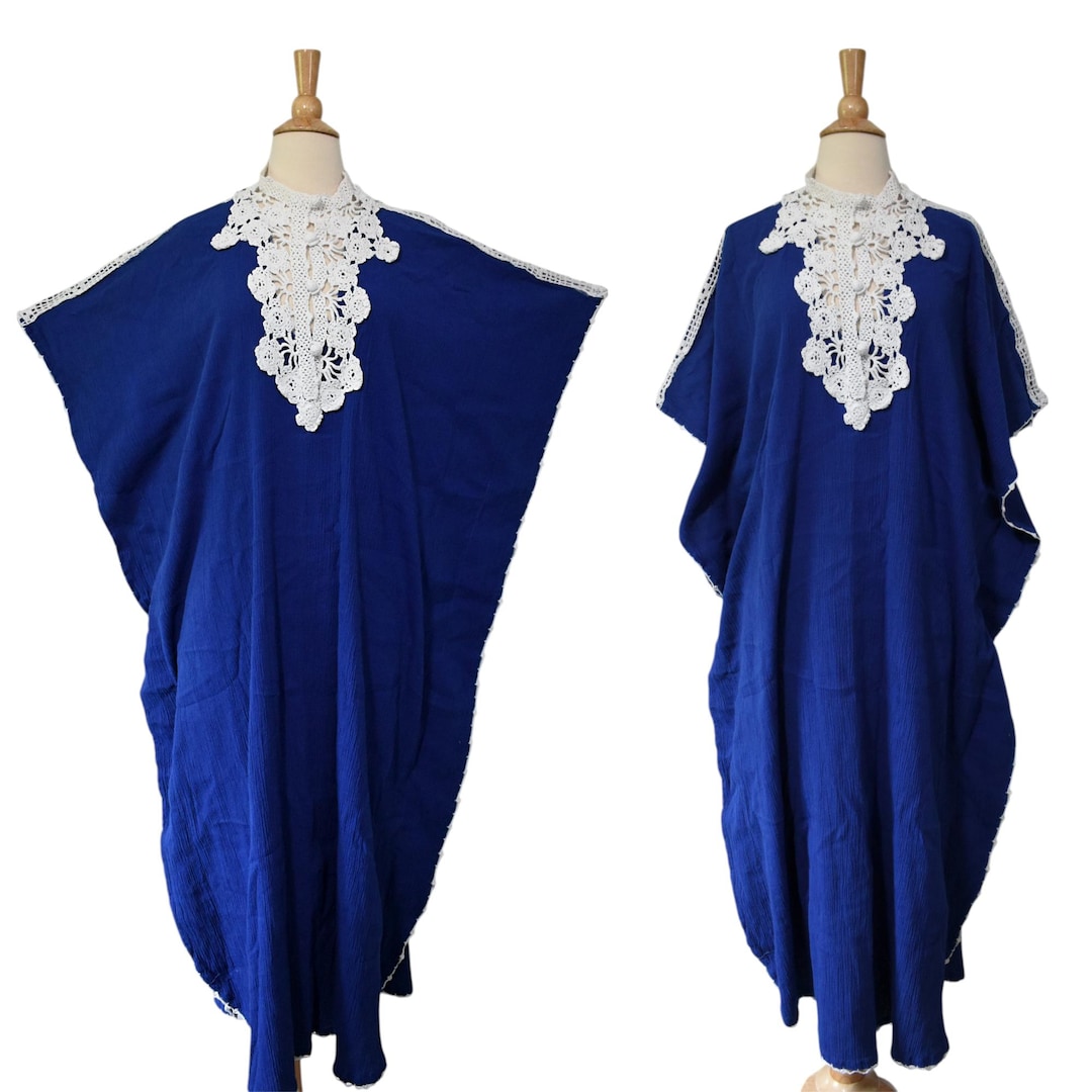 Vintage 70s Caftan 80s Thick Heavy Greek Style Royal Blue White Crochet ...