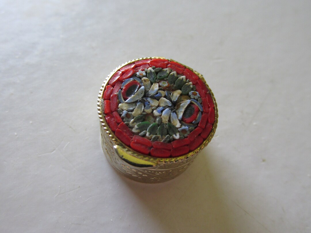 Vintage Micro MOSIAC BOX Marked ITALY Gold Plating Hinged Lid Floral ...