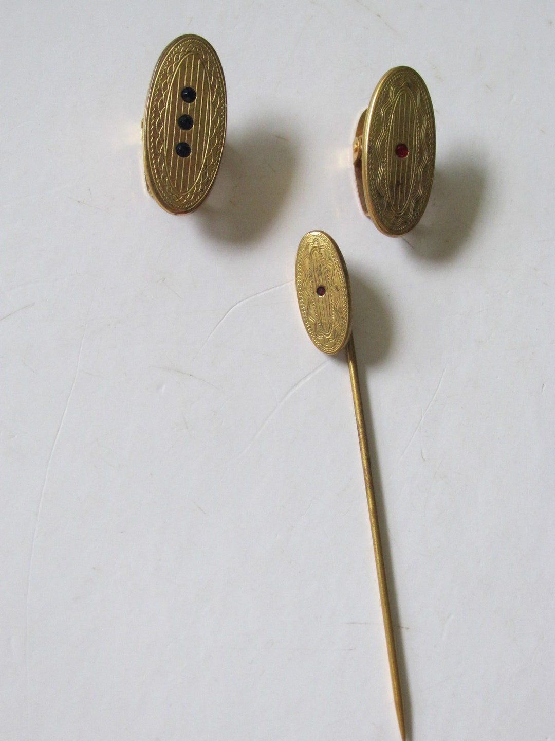 Victorian STICK PIN and CLIPS Gold Plating W/ Ruby & Sapphire Crystals ...