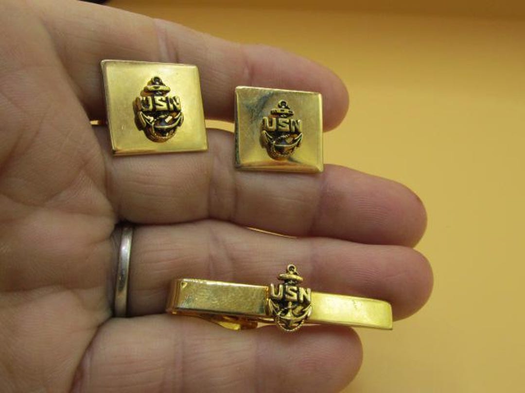 USN (united States Navy) Cufflinks & Tie Bar Gold Plated Setting ...
