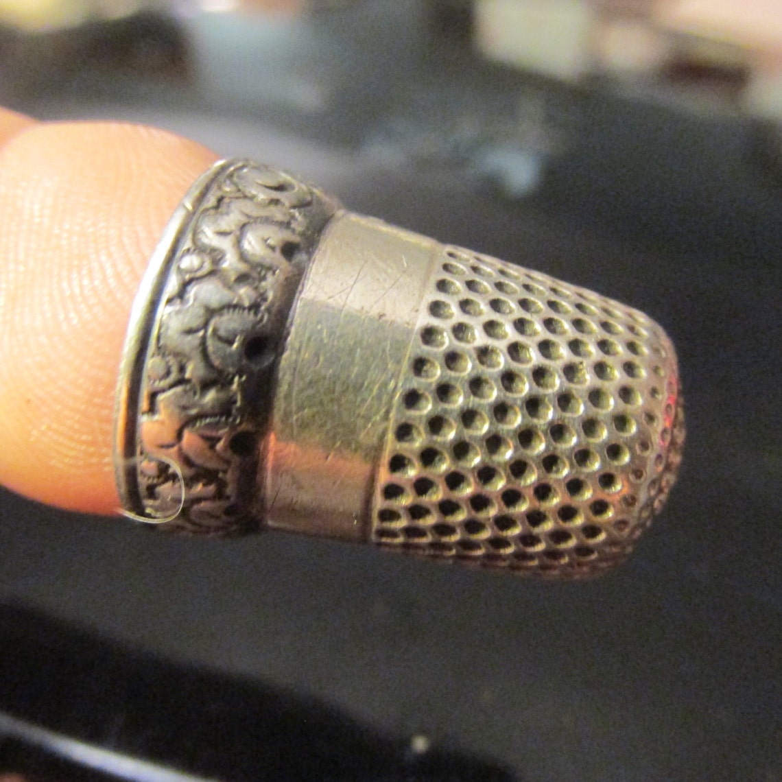 Antique STERLING SILVER THIMBLE Marked 9 Floral Border Design ...