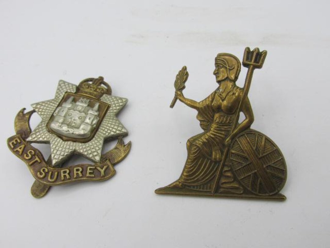 Two British ARMY MILITARY Cap Badges WW 2 (1) East Surrey (2) Norfolk ...