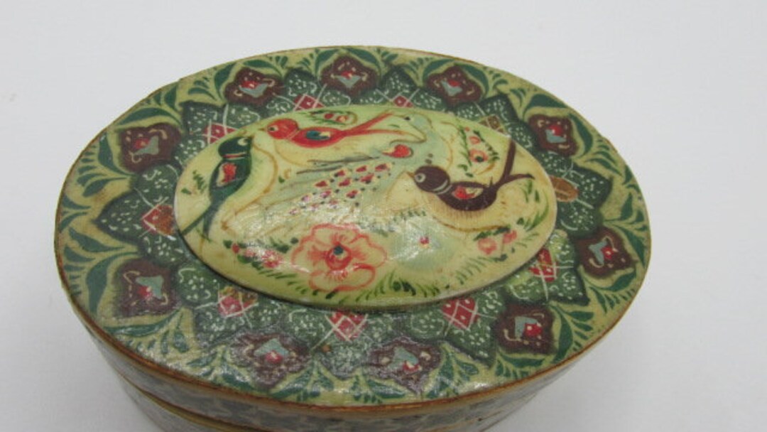 Lovely Lacquered PAPER MACHE Trinket BOX Birds & Floral Theme 1950's ...