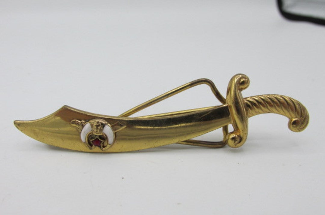 MASONIC TIE CLIP Saber Design Gold Tone & Enamel Measures 3 1/2" X 3/4 ...