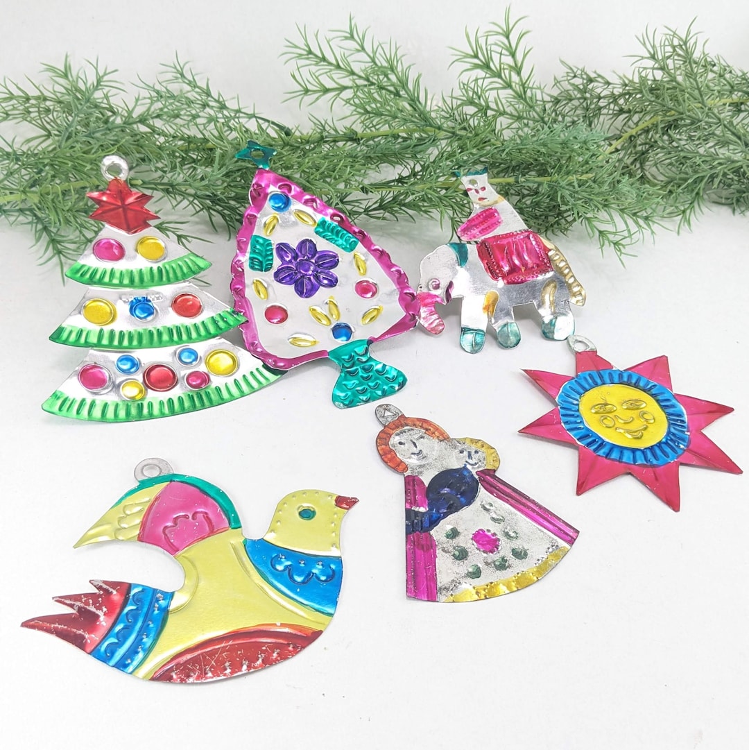 5 Festive Mexican Tin Ornaments - Large Sized, Christmas Folk Art ...