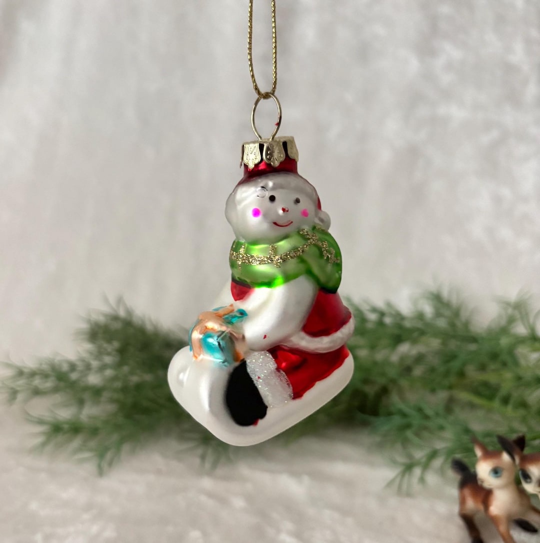 Snowman on a Sled Glass Ornament - Classic Vintage Christmas - Sweet ...