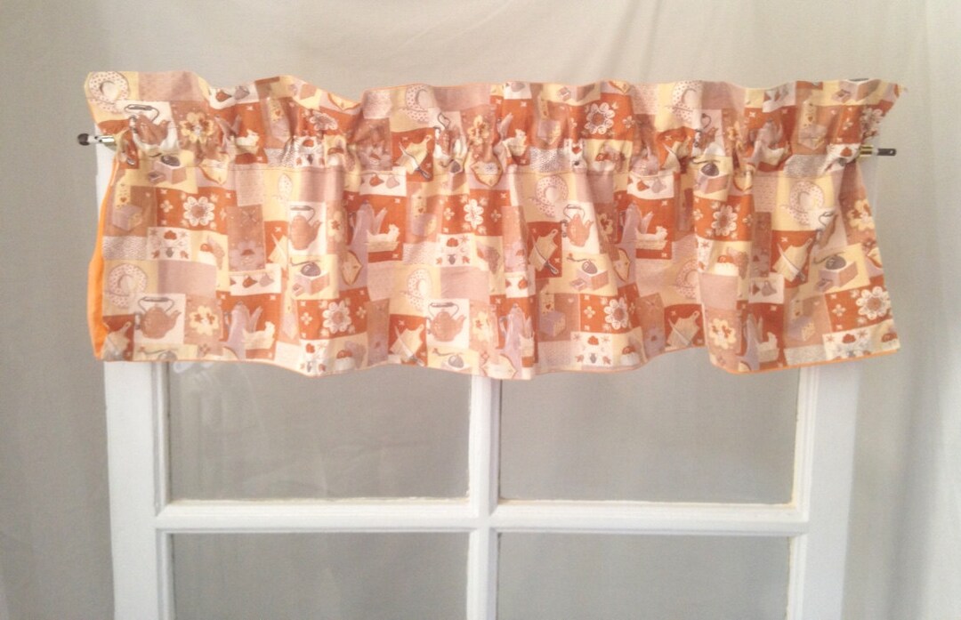 Fun Kitchen Curtain Valance, Faded Brown and Orange, Coffee Tea Motif ...
