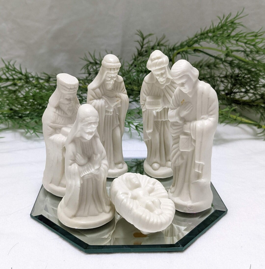 Ivory White Ceramic Nativity Scene With Optional Mirror Base beveled ...