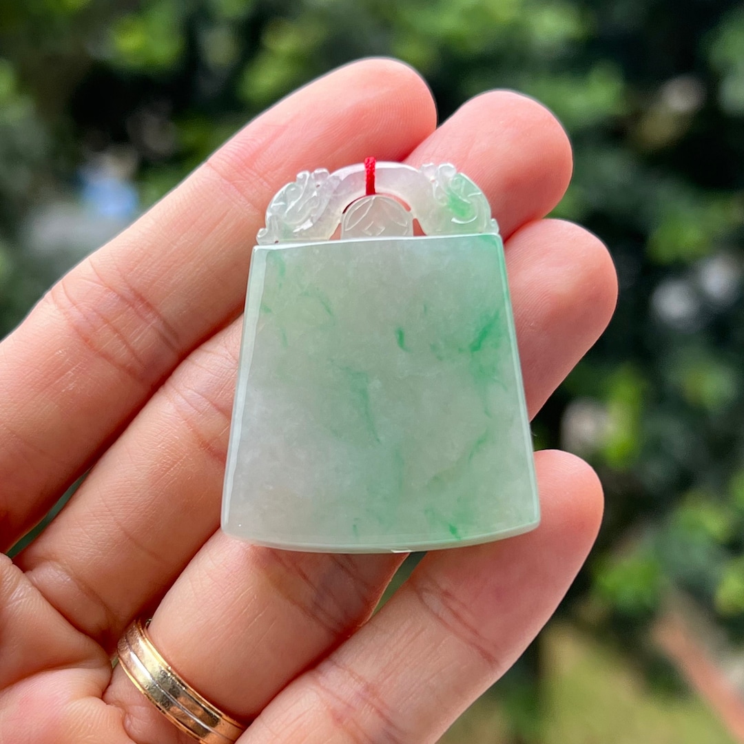 Jade Pendant Very Translucent Apple Green Rectangle With Two Dragon ...