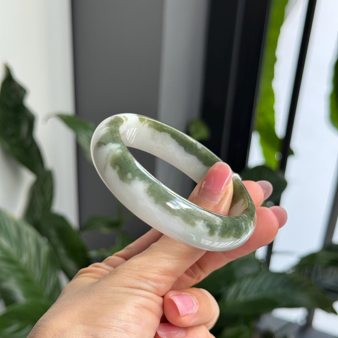 White and Deep Forest Green Jade Bangle, 57.89mm Grade A Burmese ...