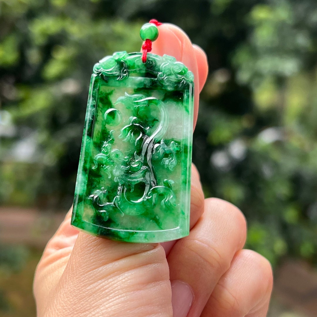 Dragon & Phoenix Jade Pendant Translucent Green Floral Pattern Grade A ...