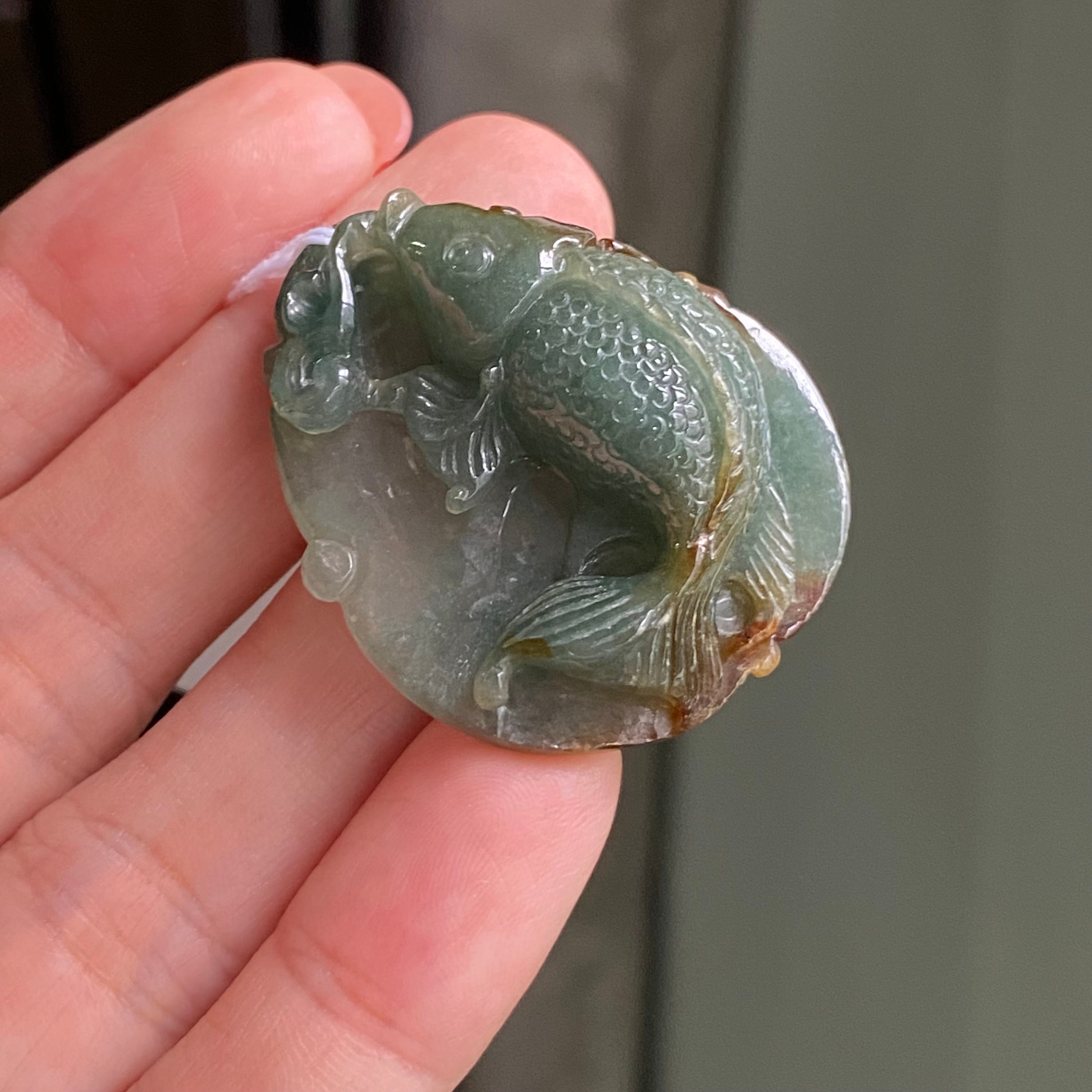 Fish Jade Pendant Grade A Jadeite Translucent Bluish Green Bicolor ...