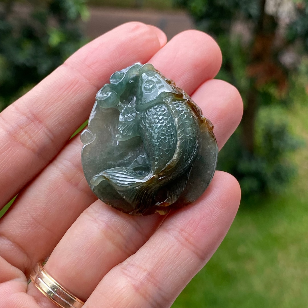 Fish Jade Pendant Grade A Jadeite Translucent Bluish Green Bicolor ...
