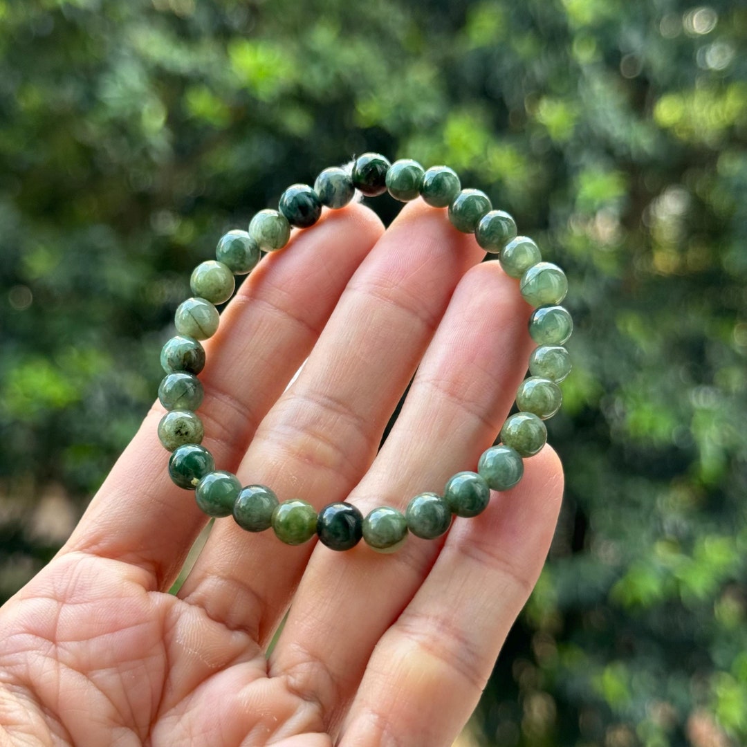 6.5mm Jade Bead Bracelet Leaf Green With Elastic String Grade A Jadeite ...