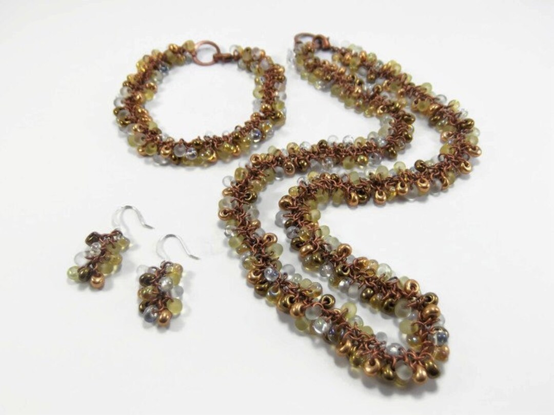 Beaded Copper Necklace Set - Yellow and Copper Necklace - Beaded ...