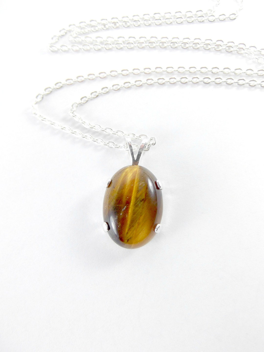 Sterling Silver Tiger Eye Necklace - Natural Tigers Eye Pendant - Brown ...