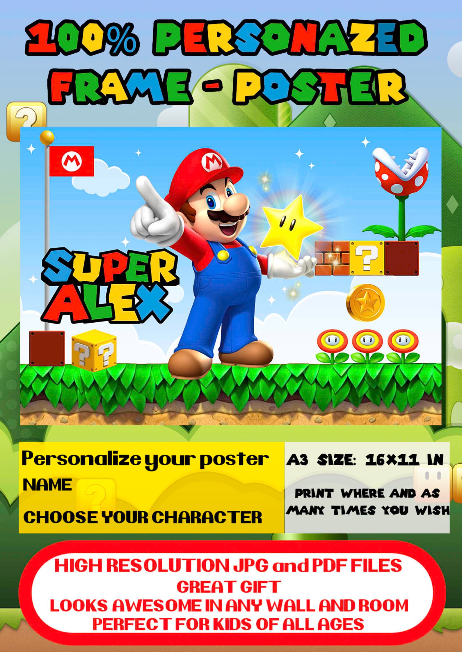 Custom Super Mario Portrait Personalized Poster Super Mario Kid ...