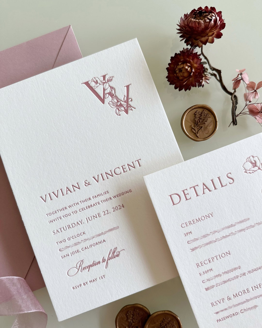 Pink Letterpress Wedding Invitation With Personalized Monogram. Wedding ...