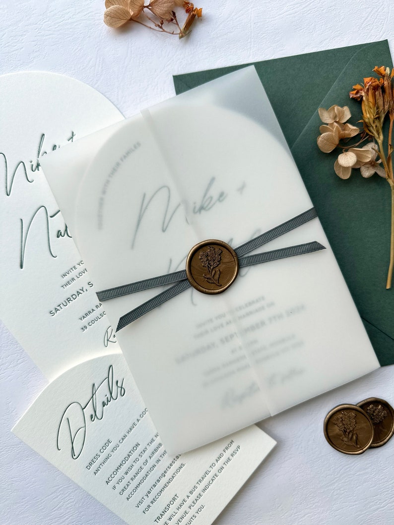 Letterpress Arch Wedding Invitation Suite, Olive Green Minimalist ...