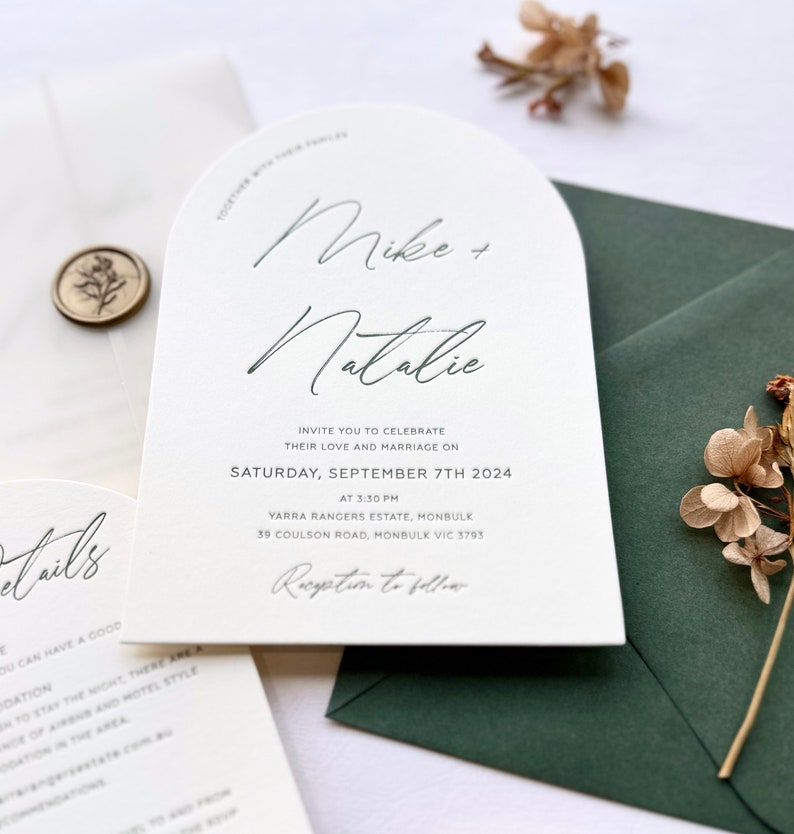 Letterpress Arch Wedding Invitation Suite, Olive Green Minimalist ...